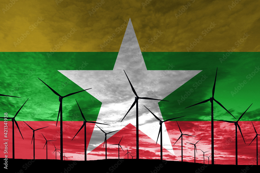Myanmar flag wind farm at sunset, sustainable development, renewable ...