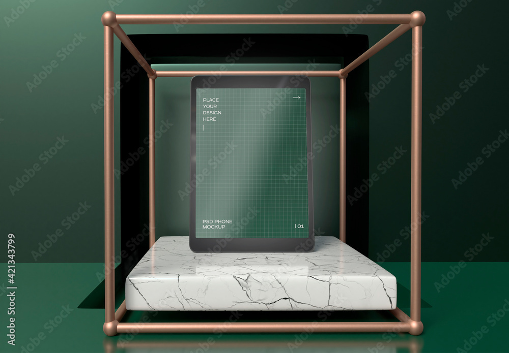 Tablet in Glass Showcase Mockup Stock Template | Adobe Stock