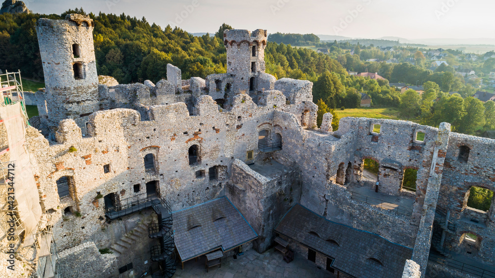 Ogrodzieniec ruins of a medieval castle. Czestochowa region, Poland. Medieval castle ruins ...