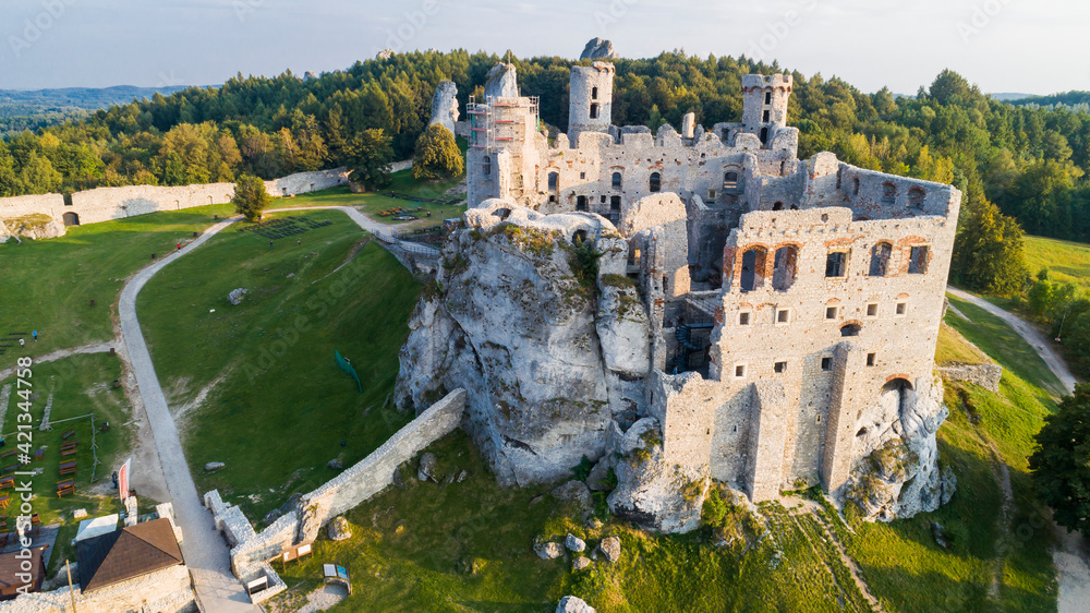 Ogrodzieniec ruins of a medieval castle. Czestochowa region, Poland. Medieval castle ruins ...
