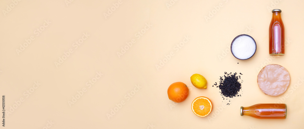 Horizontal banner with bottles of kombucha tea, scoby, brew, sugar and ...