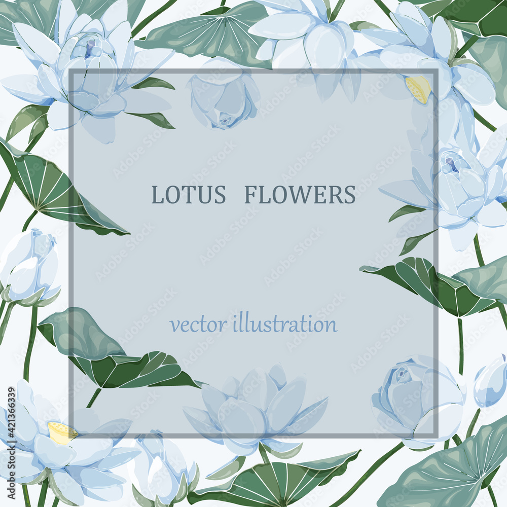 Botanical greeting card design, blue lotus flowers and leaves on light ...