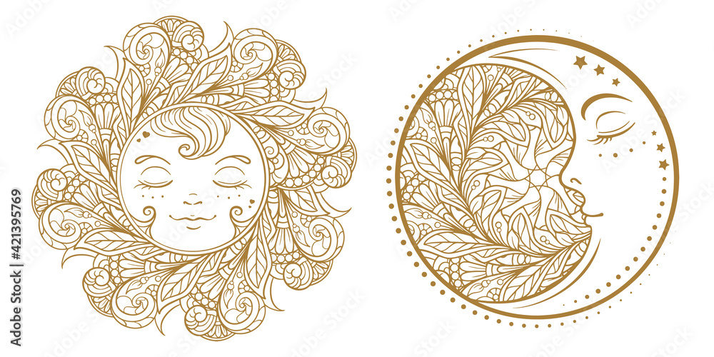 Ethnic sun and moon symbols. Temporary tattoo set. Stock Vector | Adobe ...
