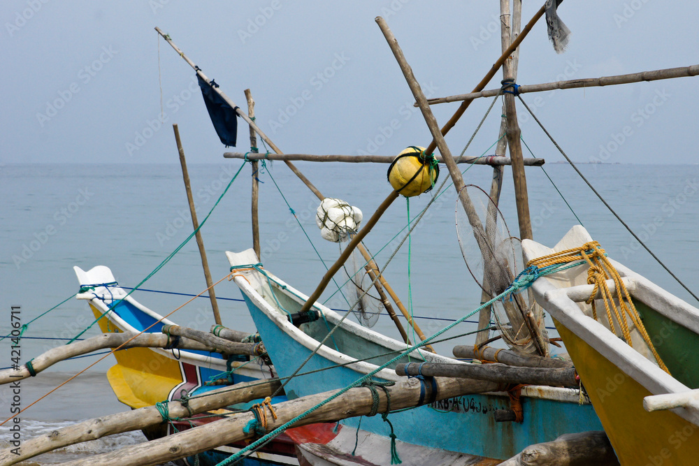 At Kumarakanda, Sri Lanka, traditional outrigger fishing boats (oruwa ...