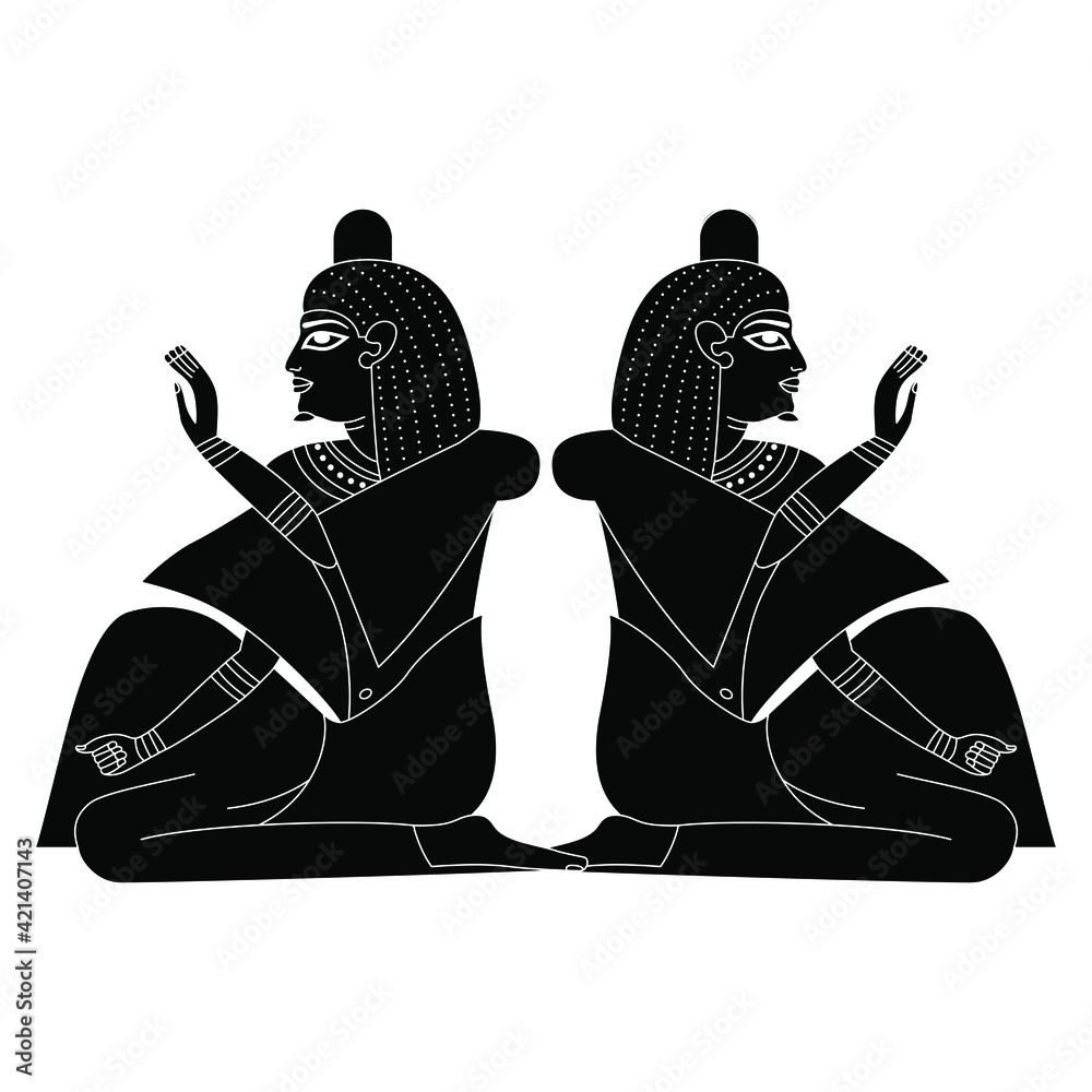 Symmetrical design with two seated ancient Egyptian men or pharaohs ...