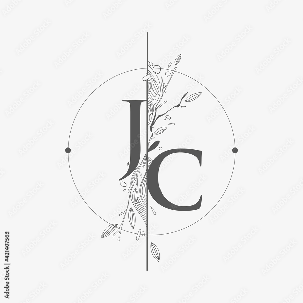 Letter JC Initial Logo with Hand Draw Floral, Initial Wedding Font Logo ...