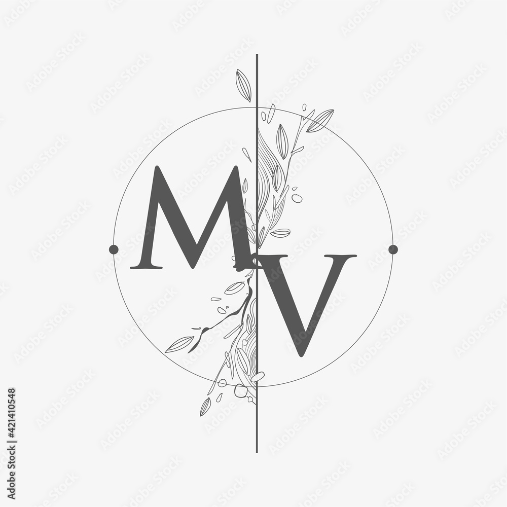 Letter MV Initial Logo with Hand Draw Floral, Initial Wedding Font Logo ...