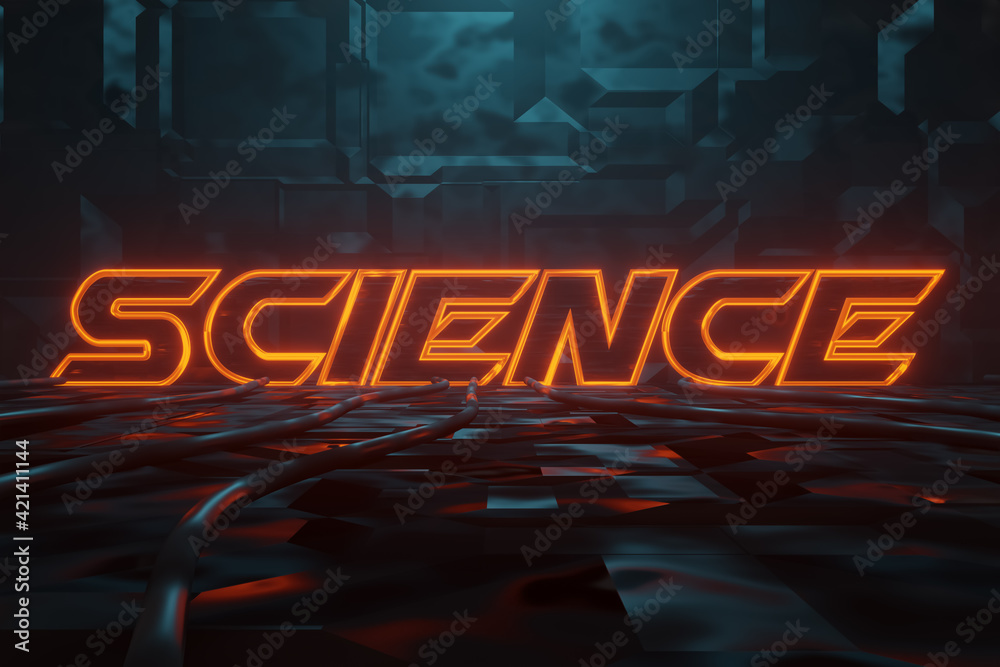 3D rendering of Cyberpunk word science illuminated in orange in metal ...