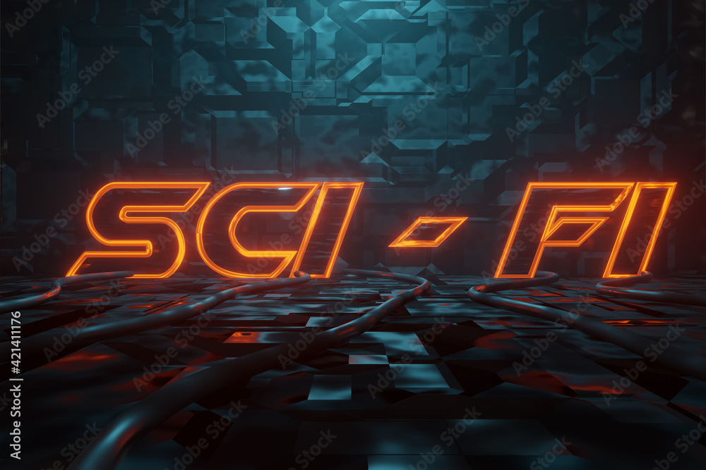 3D rendering of Cyberpunk word sci-fi, scifi, sci fi illuminated in orange in metal background ...
