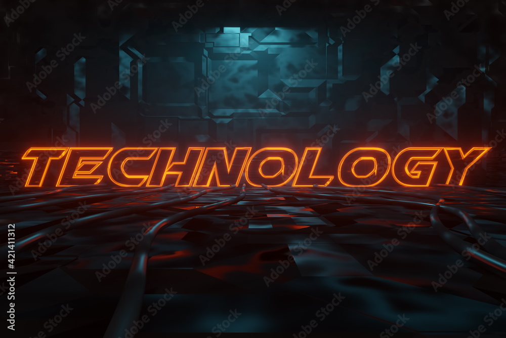 3D rendering of Cyberpunk word technology illuminated in orange in ...