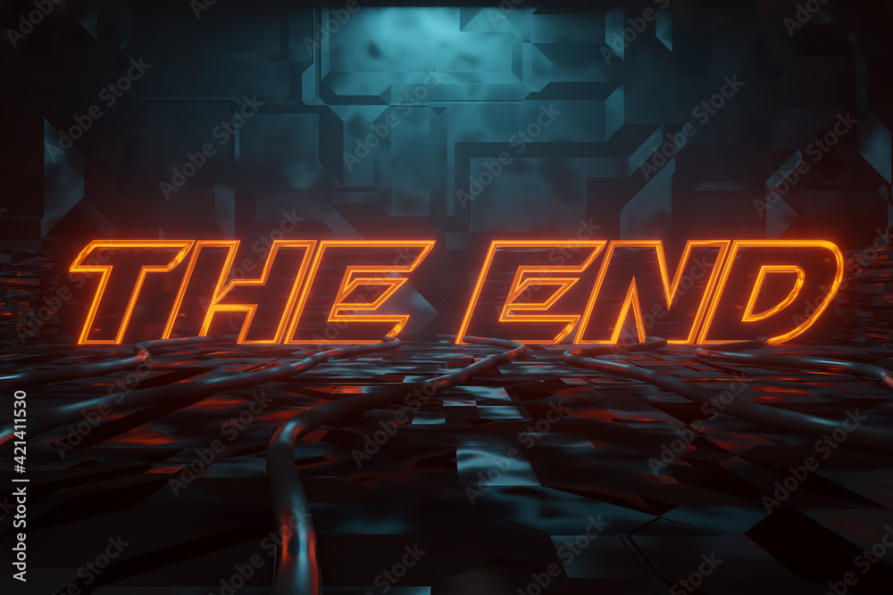 3D rendering of Cyberpunk word phrase the end illuminated in orange in ...