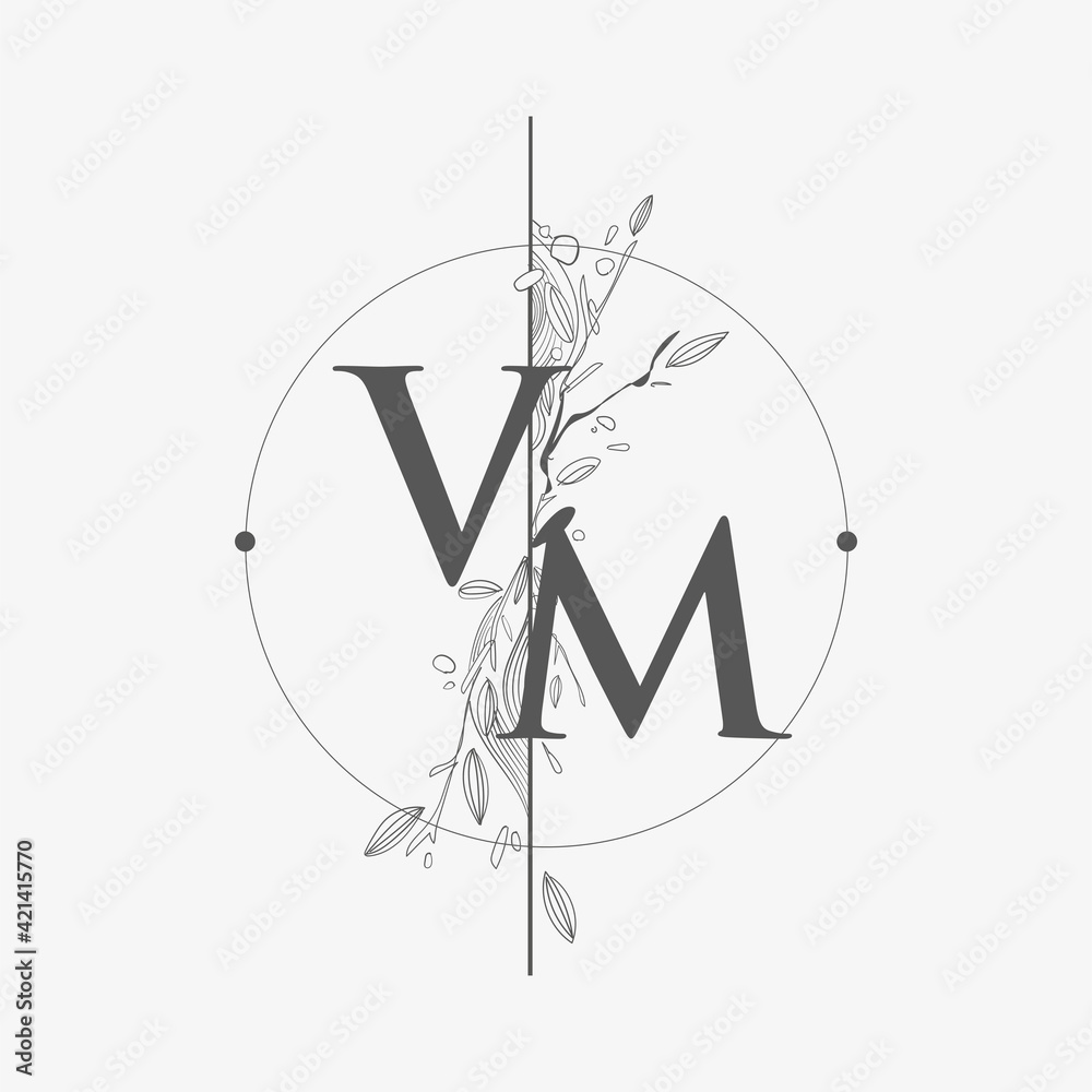 Letter VM Initial Logo with Hand Draw Floral, Initial Wedding Font Logo ...