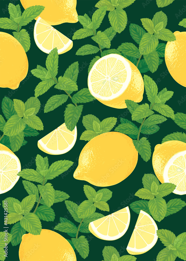 Seamless pattern of lemon fruit with mint leaf background template ...