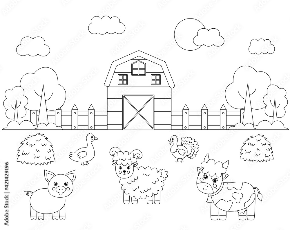 Color farm animals in field. Coloring page for kids. Stock Vector ...