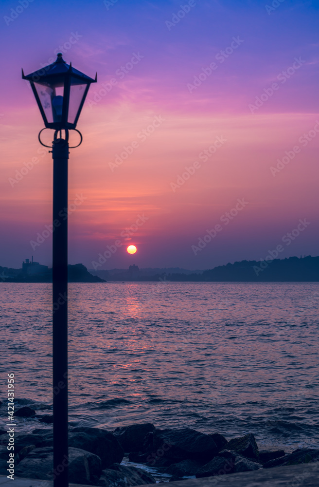 Picturesque landscape scenery of rising Sun in Galle coast beach and ...