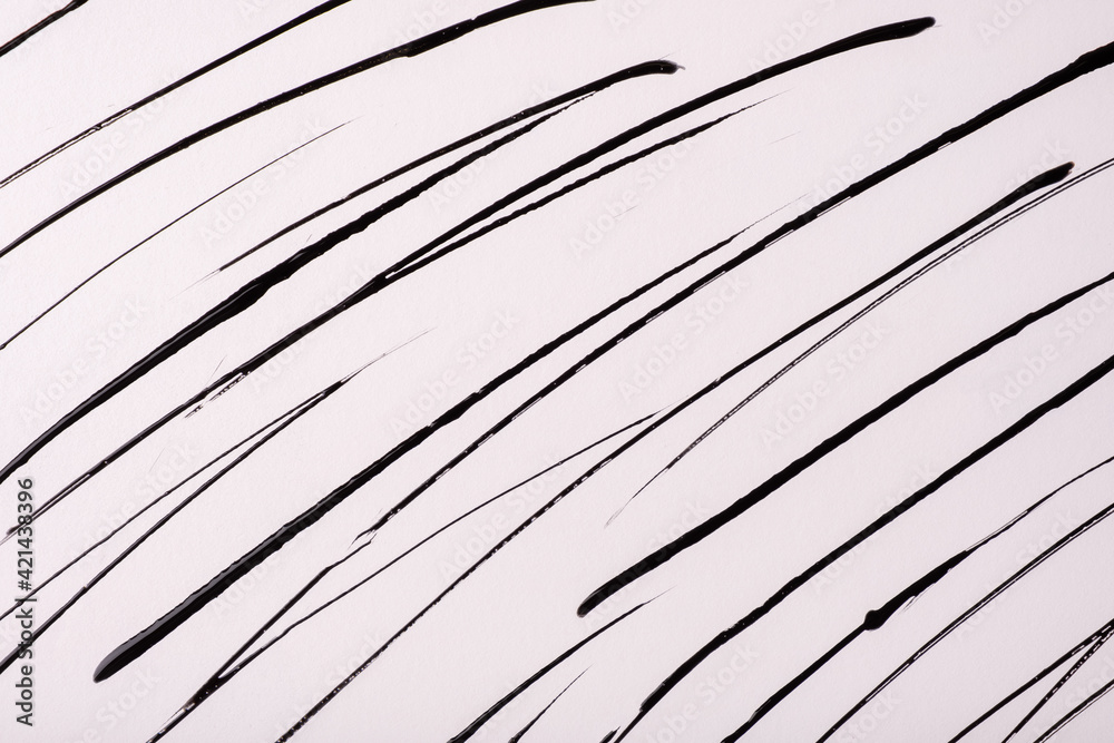 Thin black lines and splashes drawn on white background. Abstract art backdrop with brush ...