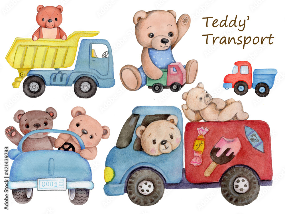 Cute watercolor set of illustrations of fun teddy bears and toy trucks ...