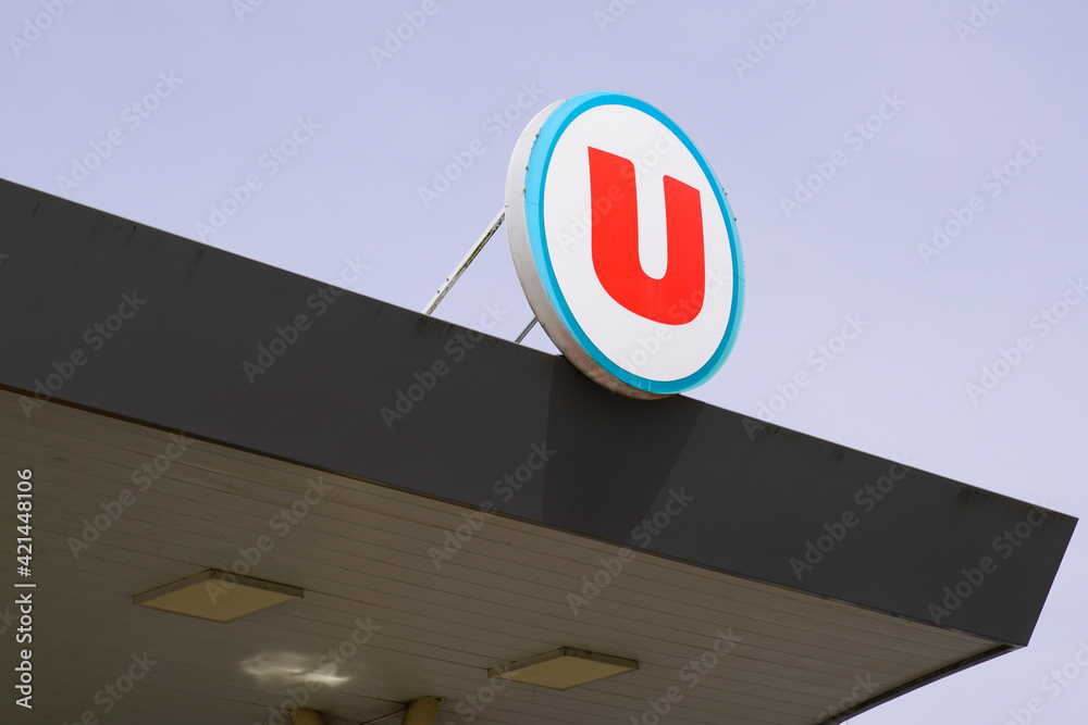 Super U supermarket store french shop brand sign market logo on facade ...