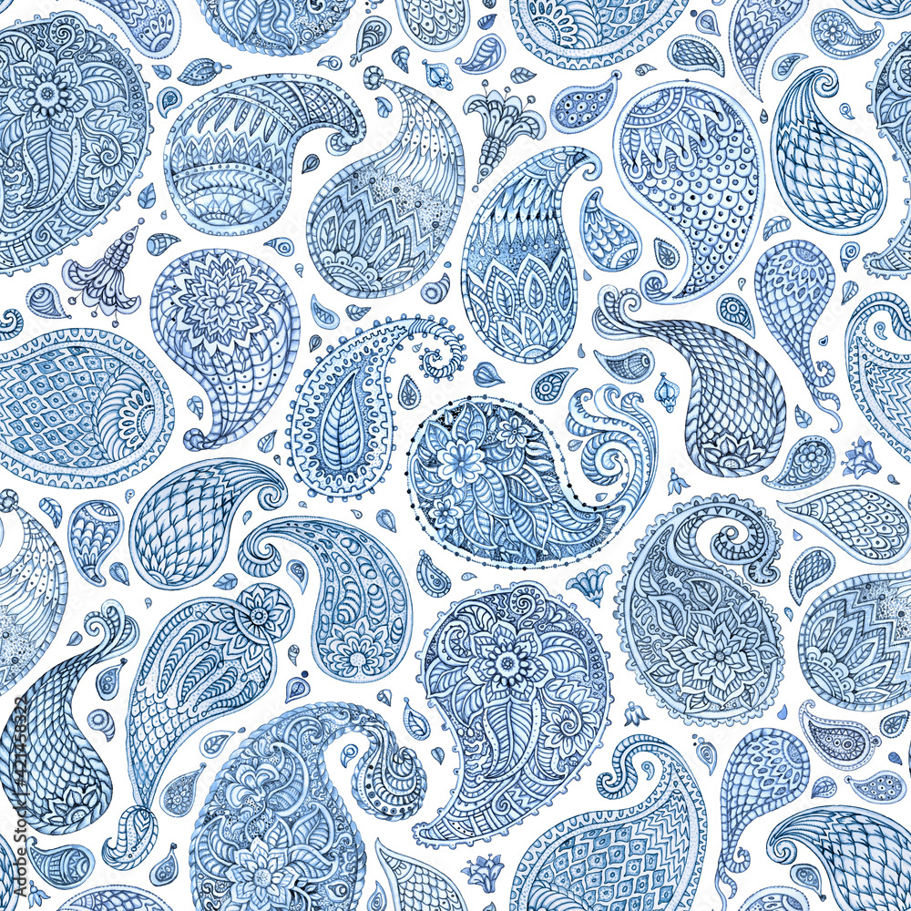 Paisley seamless pattern from fantasy flowers, leaves with watercolor ...