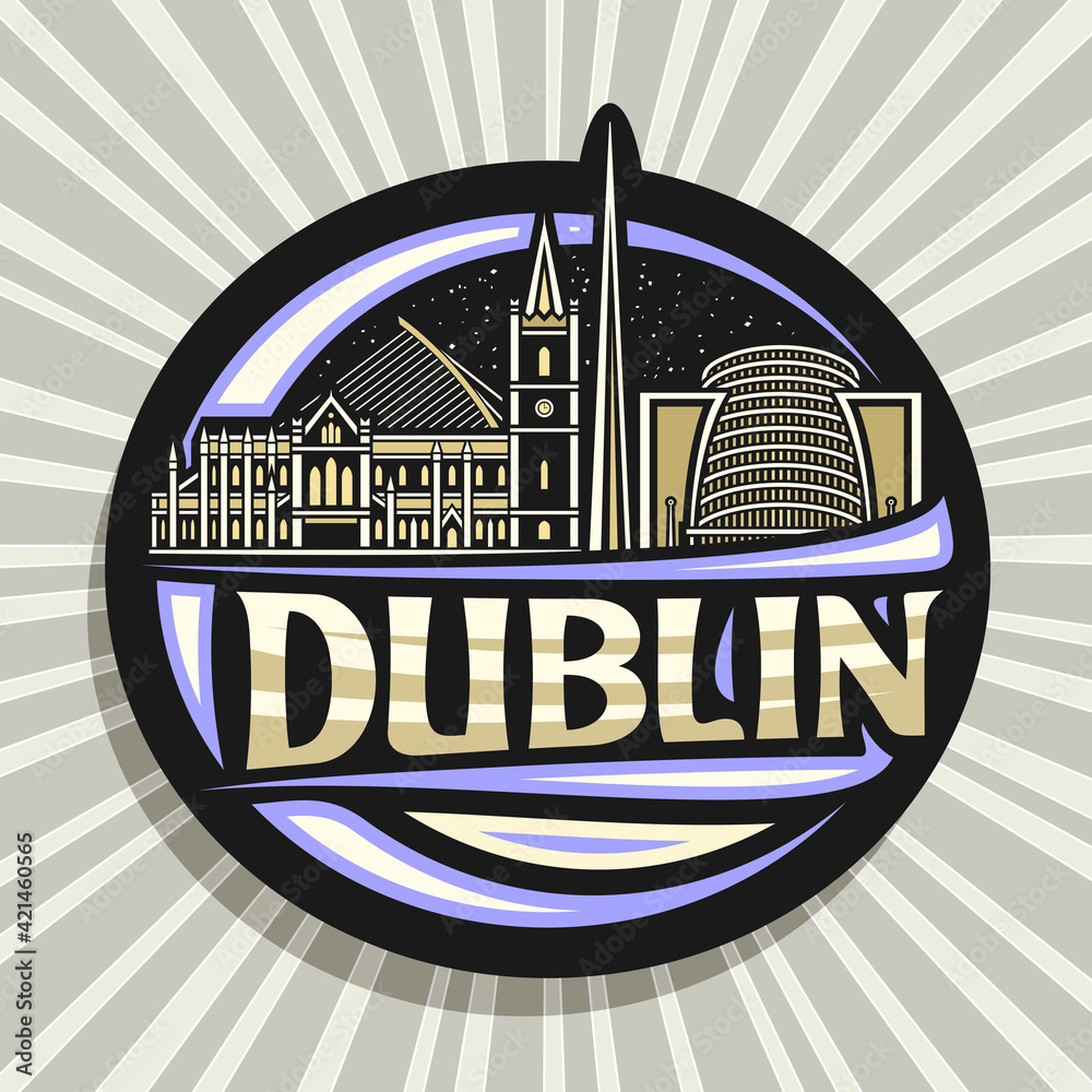 Vector logo for Dublin, dark decorative badge with outline illustration ...