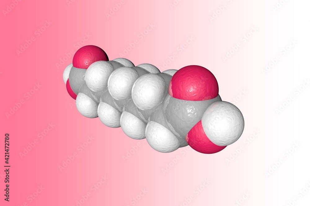 Space-filling molecular model of azelaic or nonanedioic acid. Atoms are ...