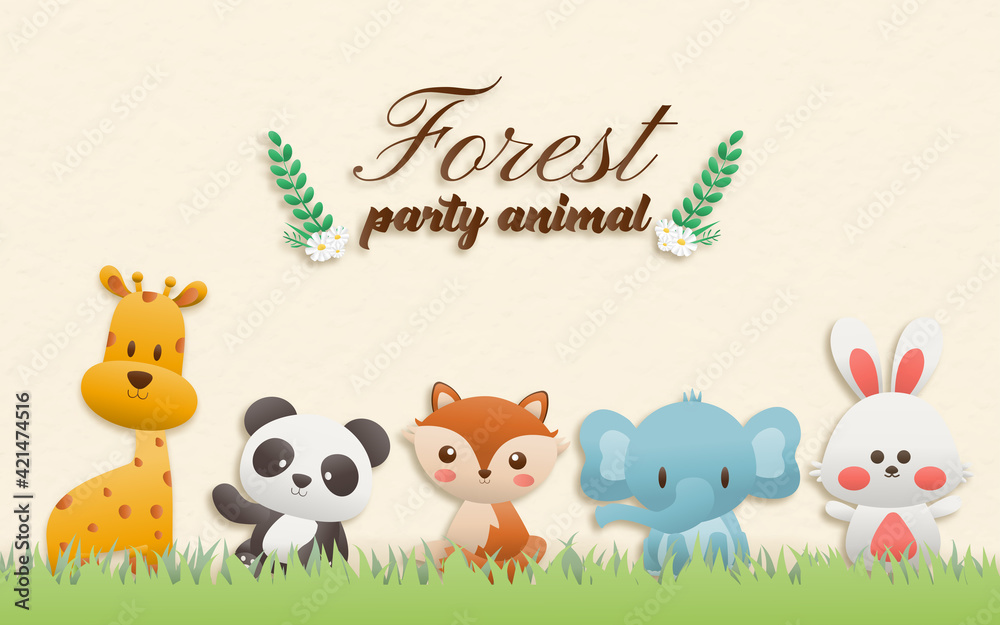 Cartoon happy birthday animals card. Greeting cards with cute safari or ...