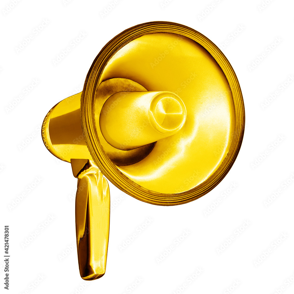 Golden megaphone white background isolated closeup, gold metal ...