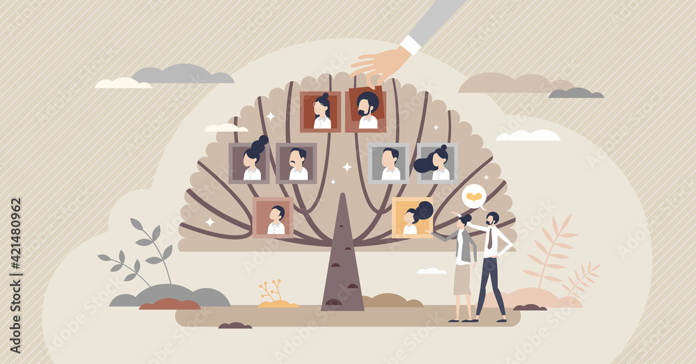 Family tree with generation connection and origin history tiny person ...