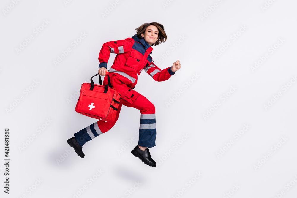 Full size profile side photo of happy positive girl paramedic running ...