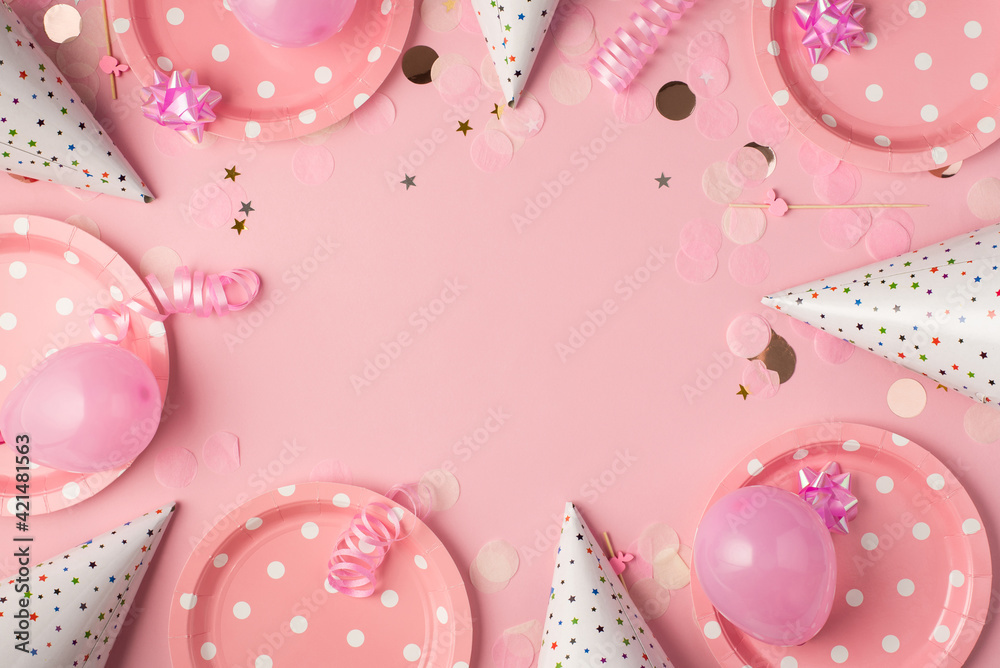 Top view photo of birthday composition with pink ribbon stars ...