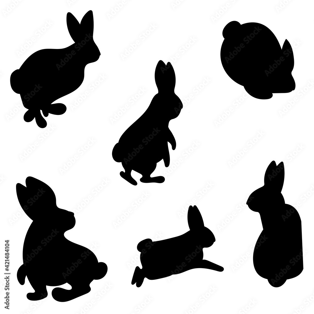 Rabbits icon set black. Silhouettes of rabbits in different poses ...