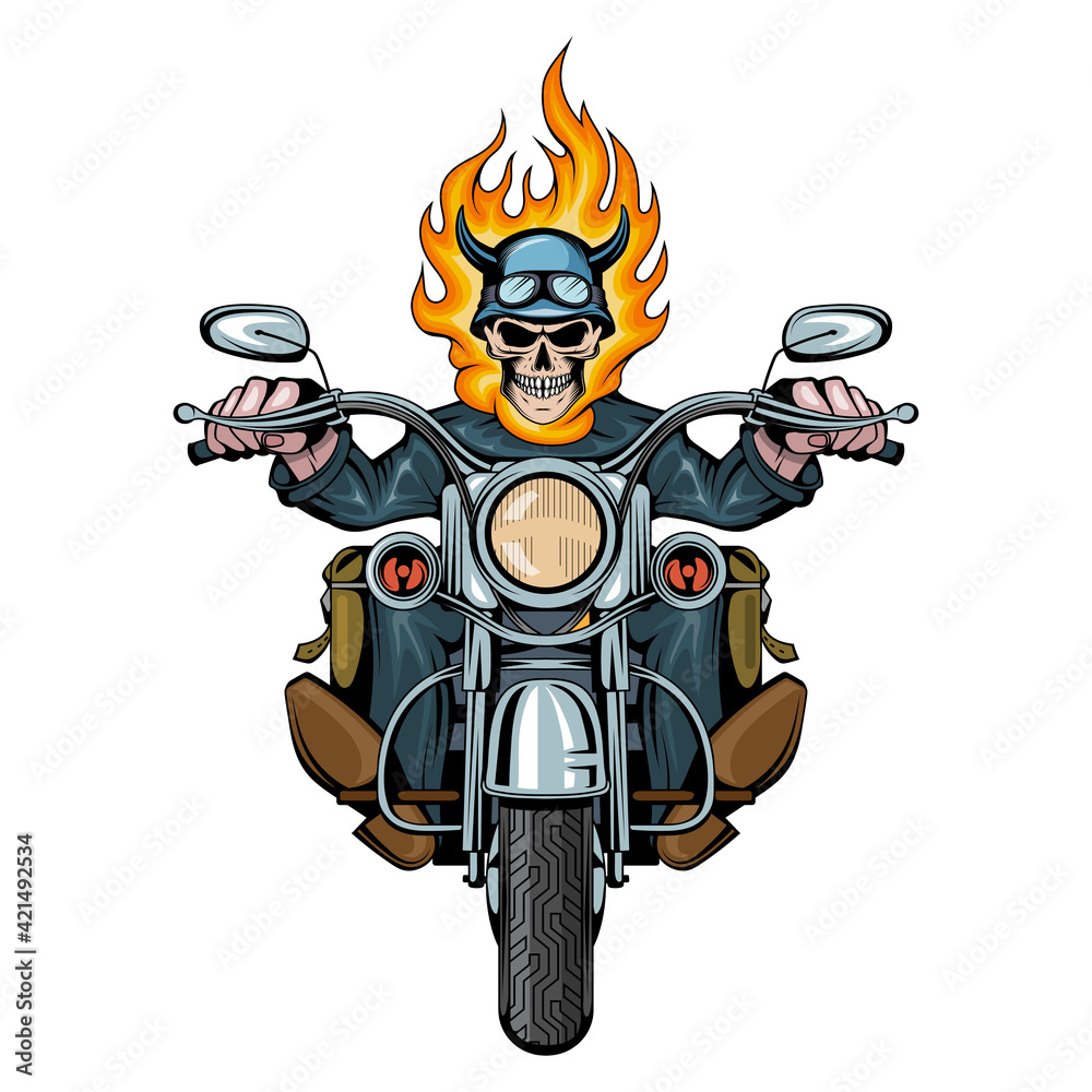 Burning Skull. Evil person. Skull Biker Sits On A Bike. Skull riding a ...