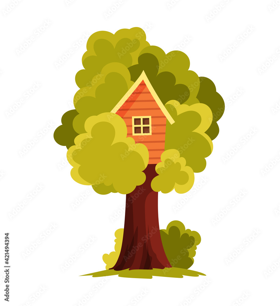 Tree house. Children playground with swing and ladder. Flat style ...