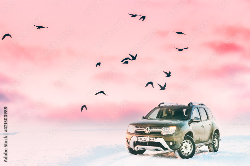 Car Renault Duster Or Dacia Duster Suv Parked On Winter Snowy Field At ...
