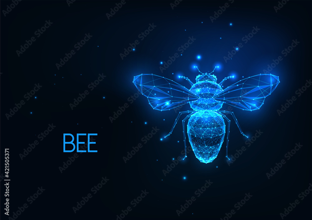 Futuristic glowing low polygonal honey bee isolated on dark blue ...