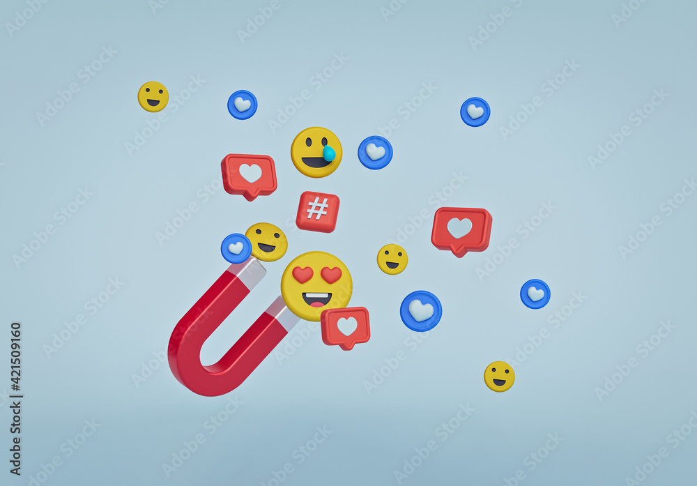 social media digital marketing concept. magnet attracts likes ...