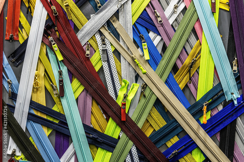 different color, length and type of zipper in the atelier Stock Photo ...