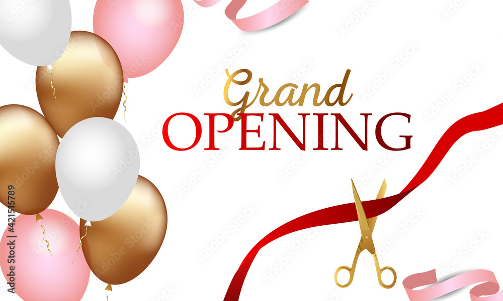 Grand opening design with ribbon, balloons and gold scissors, confetti ...