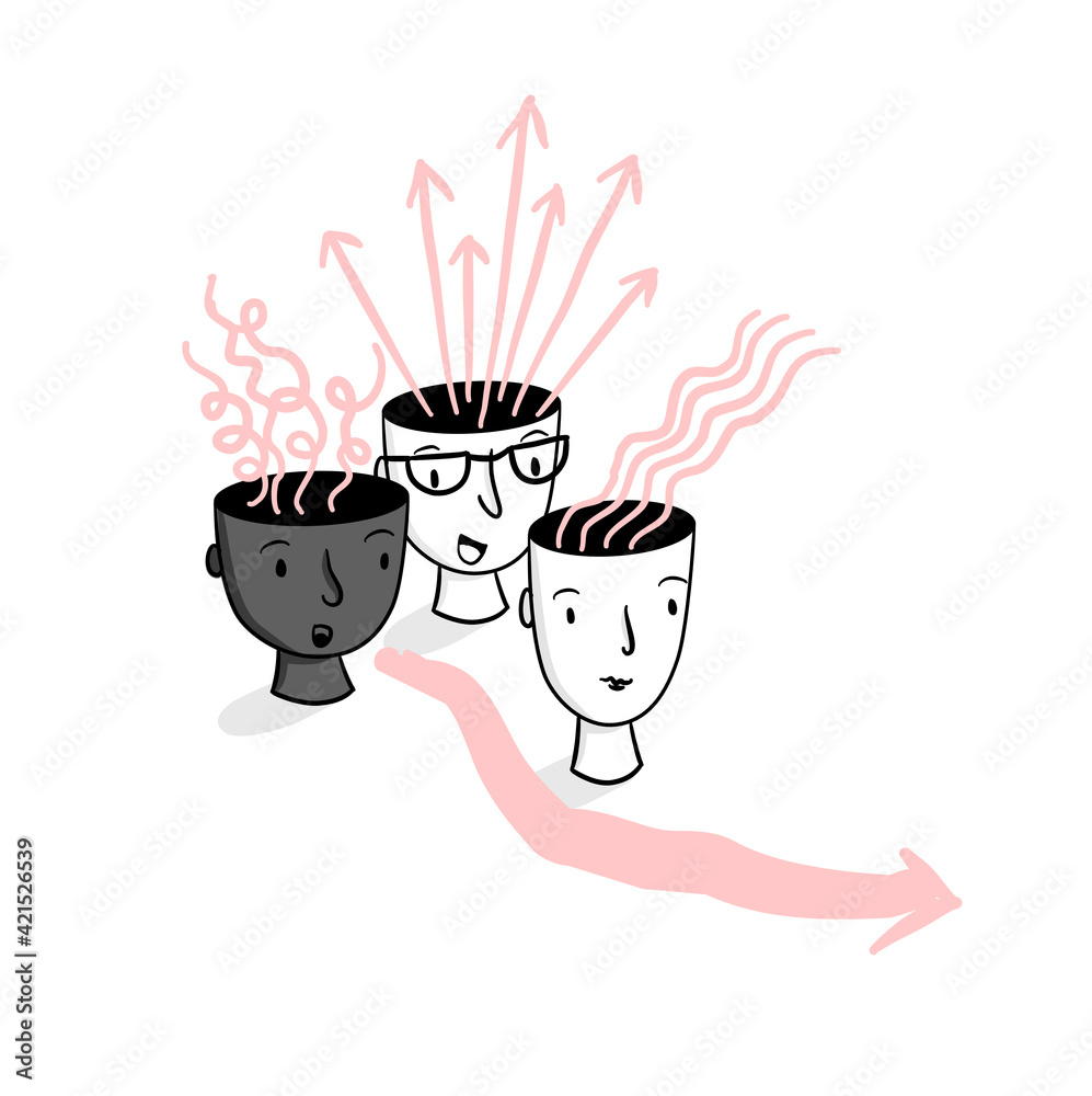 Head Spaces – Line illustration of hand-drawn team of heads with ideas ...