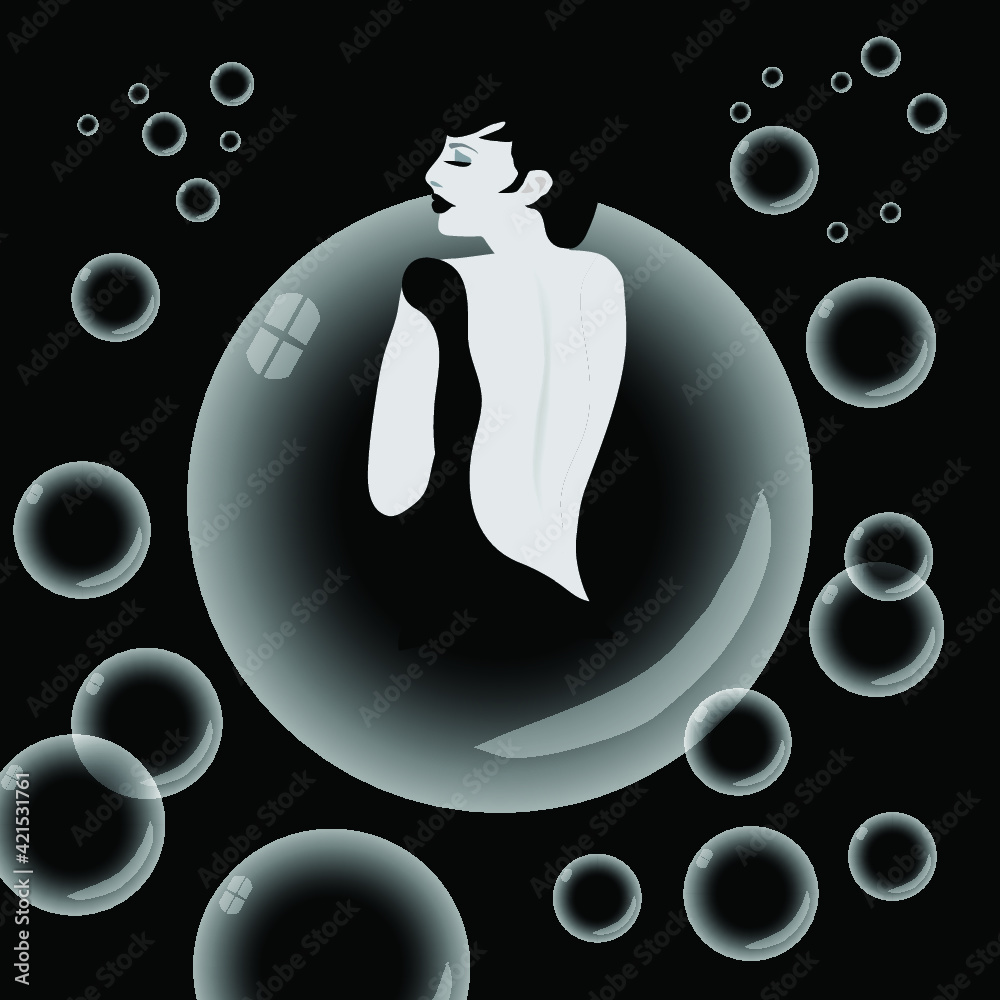 Floating bubbles and a woman emerging from a bubble are featured. Stock ...