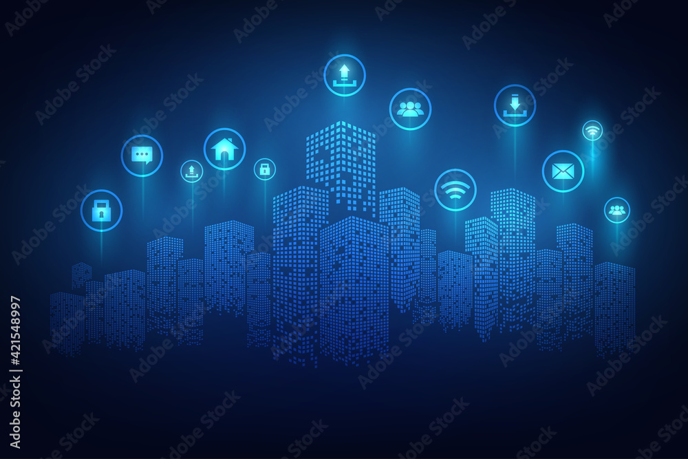Vector technology abstract blue background with concept smart city network connection. Stock ...