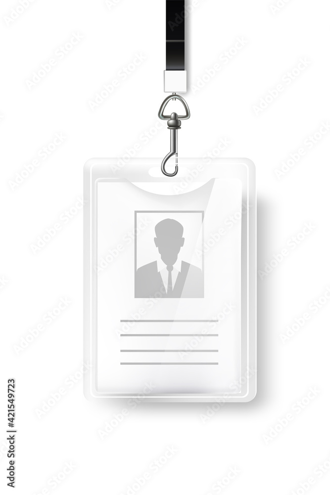 Badge with name or id tag with metal carbineand ribbon. Identification ...