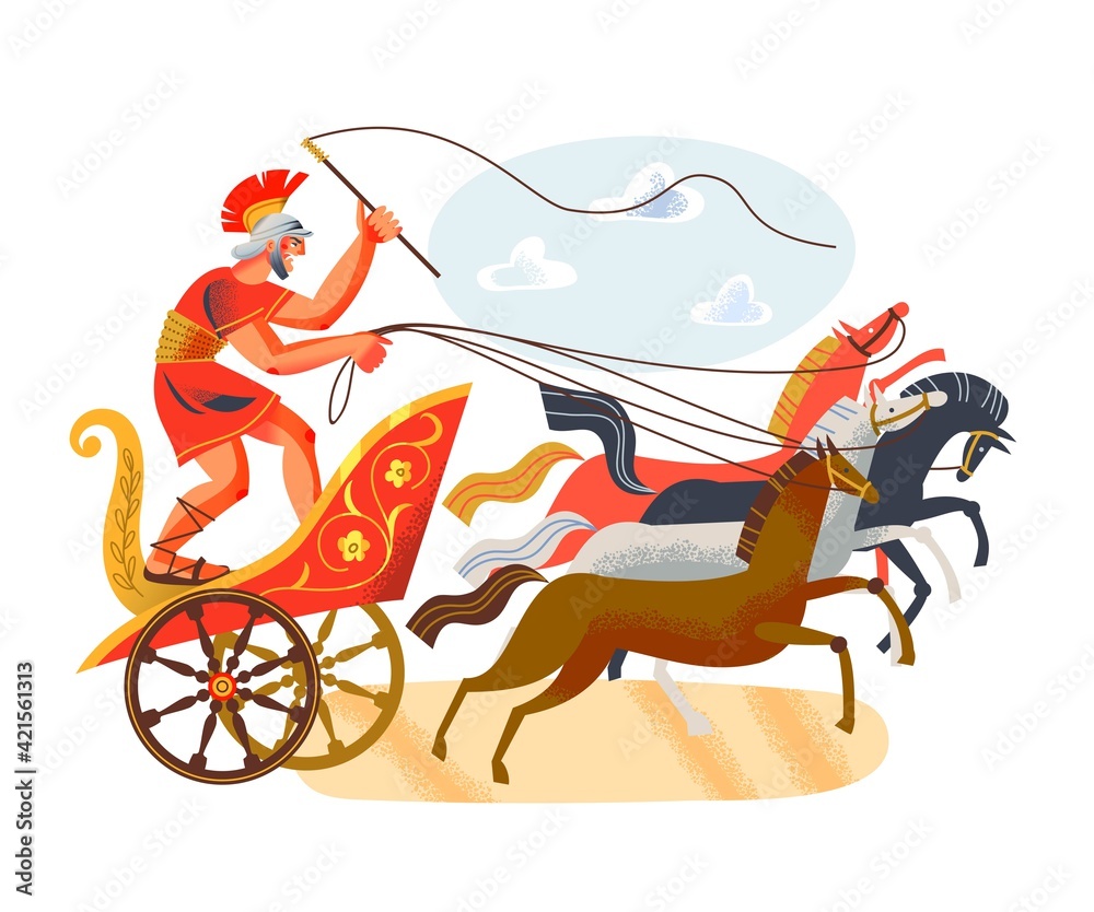 Ancient Roman empire man riding in cart with horses. Rome history and ...
