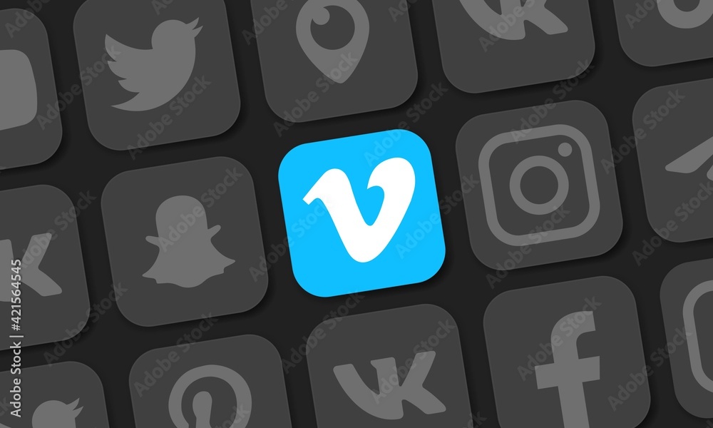Vecteur Stock Vimeo on the social media app background. Social media icons. Realistic set ...