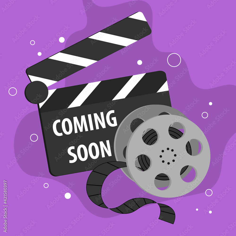 Coming soon banner background with film strip and clapper board. Vector ...