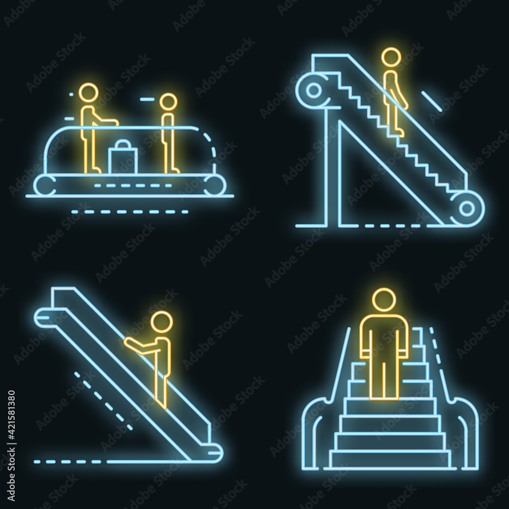 Escalator icon set. Outline set of escalator vector icons neon color on ...