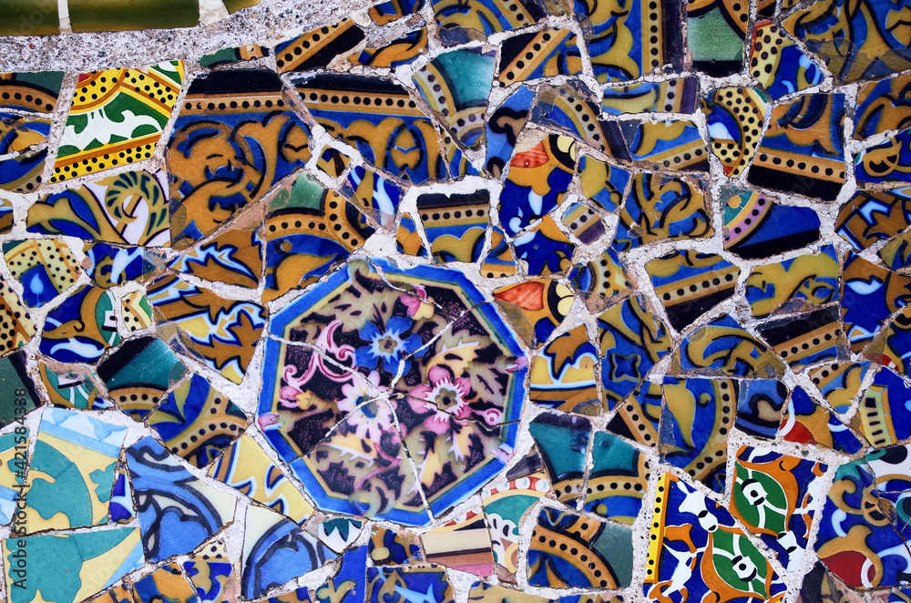 Broken glass mosaic tile, decoration in the Park Guell, Barcelona ...