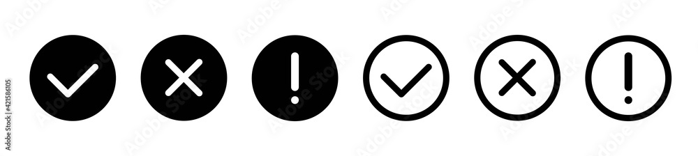 Set of round check mark, exclamation point, X mark icons, buttons in ...