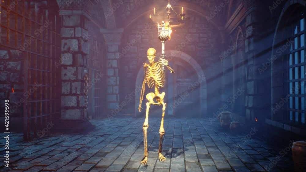 Video Stock A creepy skeleton with a torch walks through a medieval ...
