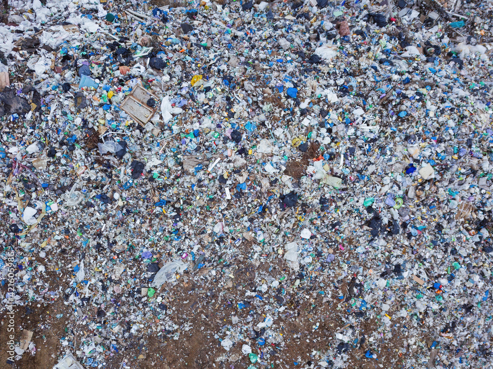 Aerial top view photo of large garbage pile at solid waste landfill ...